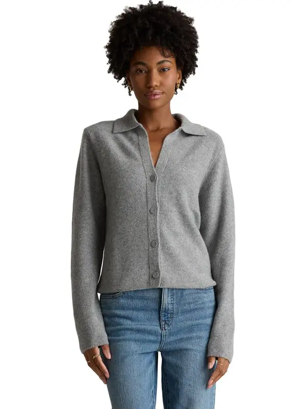 Quince Mongolian Cashmere Collared Cardigan Sweater - Heather Grey