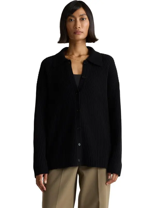 Quince Mongolian Cashmere Wide-rib Oversized Collared Cardigan - Black