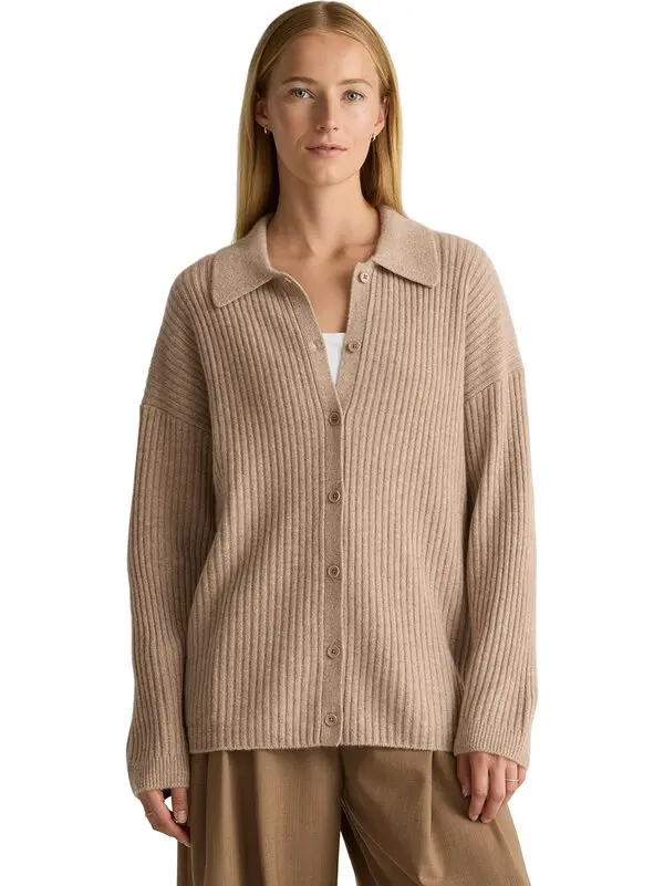 Quince Mongolian Cashmere Wide-rib Oversized Collared Cardigan - Oatmeal