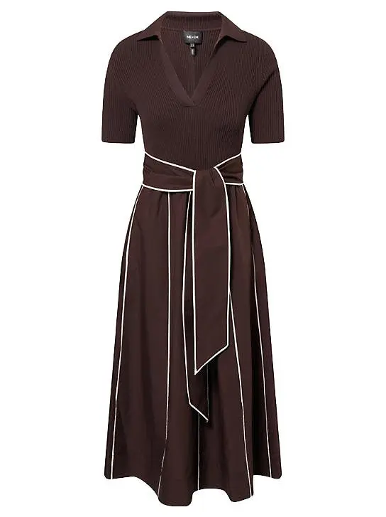 ME+EM Polo-collar Belted Cotton Midi Dress - Brown/light Cream