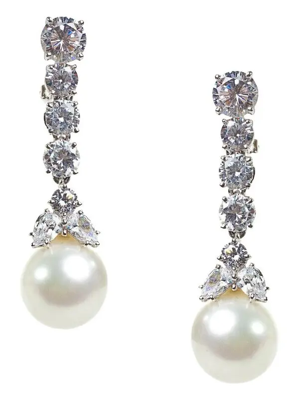 FANTASIA BY DESERIO Earrings With Round Stones And Pear-shaped Pearl Drop - White Gold Plated