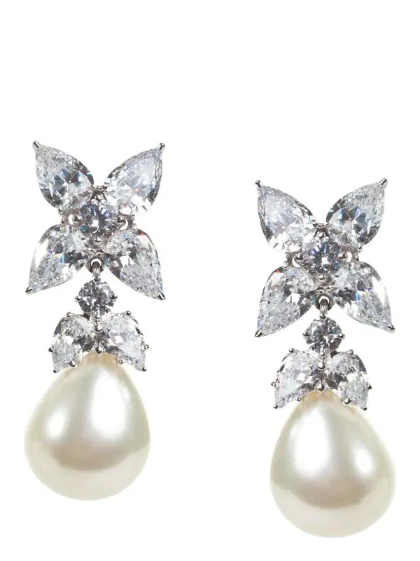 FANTASIA BY DESERIO Marquise Flower With Pearl Drop Earrings - White Gold Plated