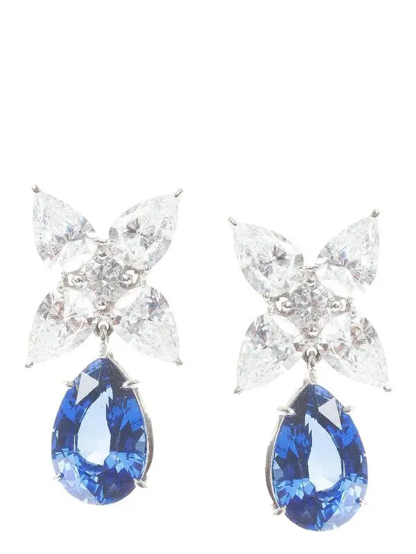 FANTASIA BY DESERIO Marquise Flower Earrings With Sapphire Drop - White Gold Plated