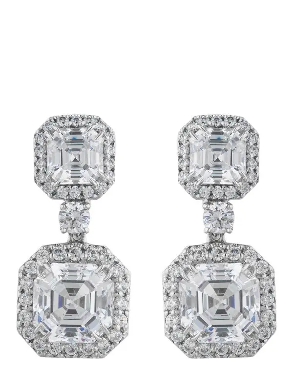 FANTASIA BY DESERIO Pave Set Asscher Drop Earrings - White Gold Plated