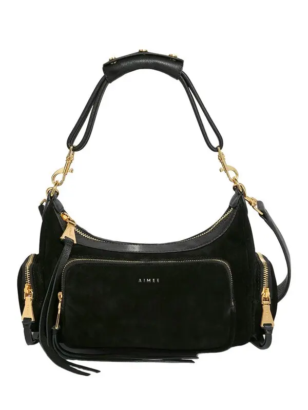 AIMEE Away We Go Convertible Shoulder Bag - Black Suede With Gold
