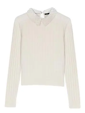 Maje Embellished-collar Ribbed Wool-blend Jumper - Ecru