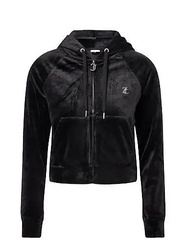Juicy Couture Rhinestone-logo Zip-up Velour Hoodie - Black