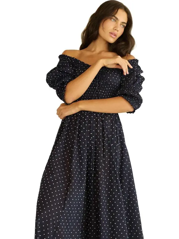 DÔEN Ischia Allover Flock Dots Organic Cotton Voile Midi Dress - Navy Flock Dot