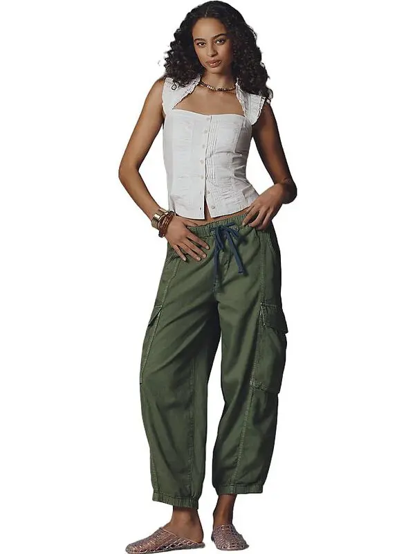 PILCRO Linen Cotton Jogger Pants - Olive
