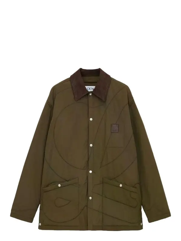 Loewe Quilted Coat With Corduroy Collar And Logo Patch - Green