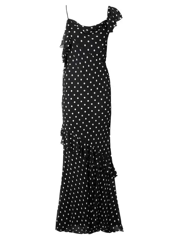 SELF-PORTRAIT One-shoulder Polka-dot Georgette Maxi Dress - Black