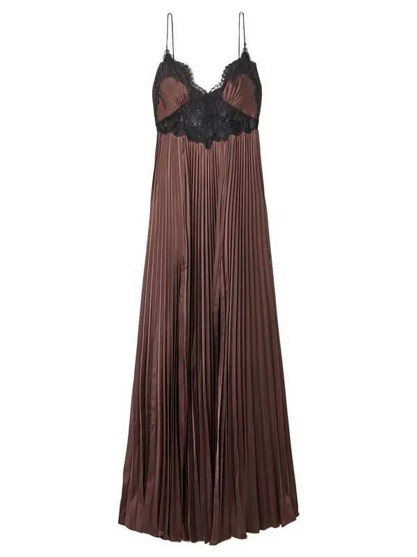 SELF-PORTRAIT Lace-trimmed Plissé-satin Maxi Dress - Brown