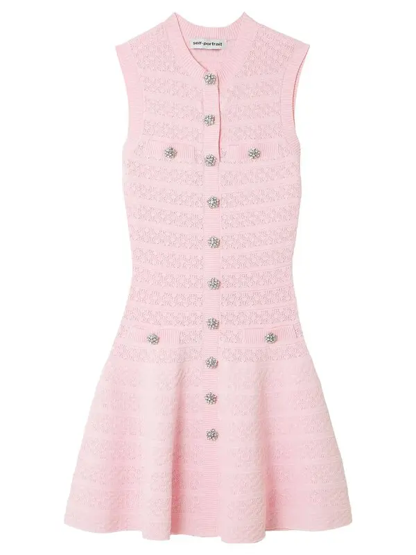 SELF-PORTRAIT Button-embellished Pointelle-knit Mini Dress - Pink
