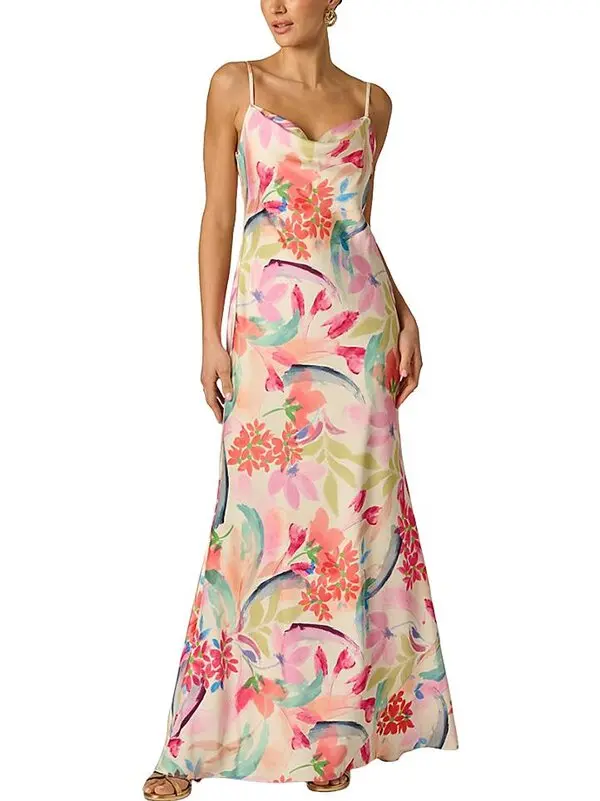 Adrianna Papell Sateen Bias Long Dress - Ivory Multi