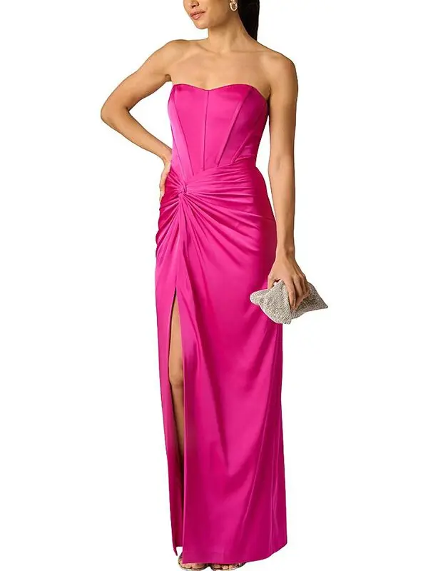 Adrianna Papell Stretch Satin Long Dress - Pink Flame