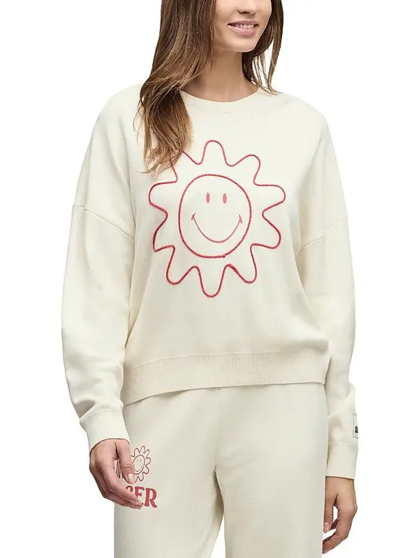Barefoot Dreams Cozychic Ultra Lite Cotton Smiley Sun & Stars Pullover Top - Cream-light Poppy Red