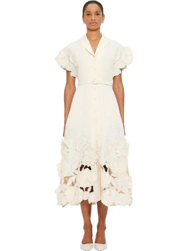 LEO LIN Aubrey Appliqué Shirt Midi Dress - Cream