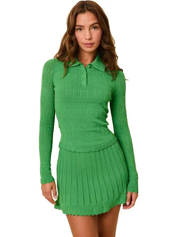 Solid & Striped Debra Pointelle Lace Knit Polo Top - Green