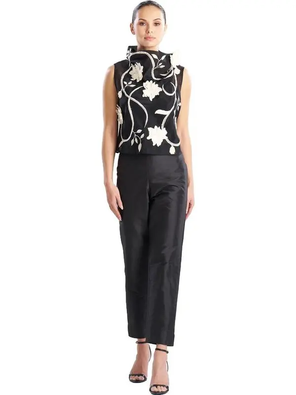 Natori Couture Silk Organza Embellished Funnel Neck Top - Black