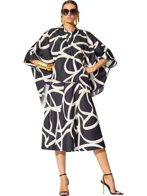 Natori Spiral Cotton Taffeta Oversized Caftan Top - Gray / Black / White