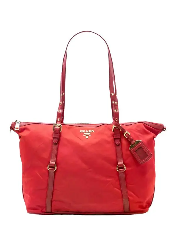 Prada Saffiano Trimmed Tessuto Zip Top Convertible Tote Satchel - Red