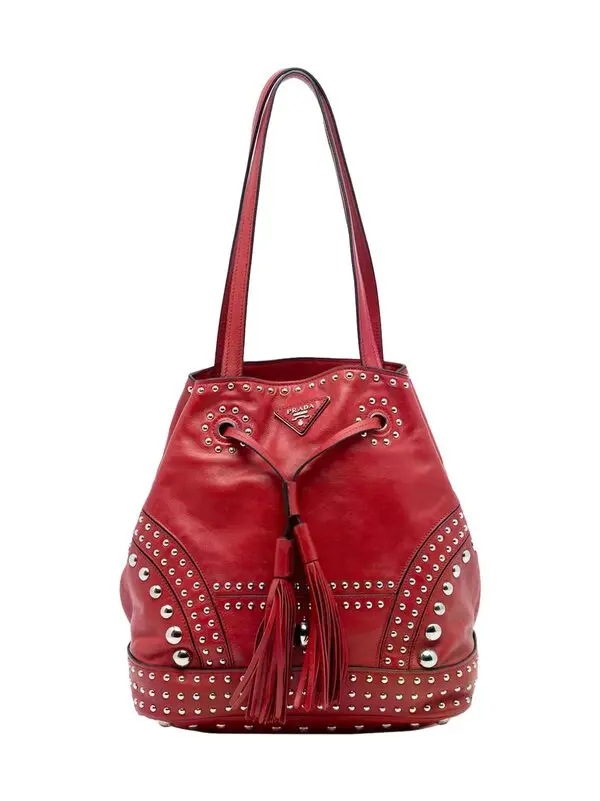 Prada Large Studded Leather Bucket Bag - Red