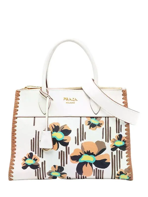 Prada City Calf Madras Floral Print Satchel - White