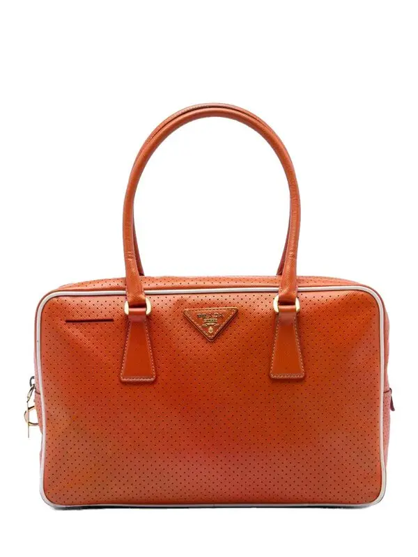 Prada Perforated Vitello Drive Leather Bauletto Satchel - Orange