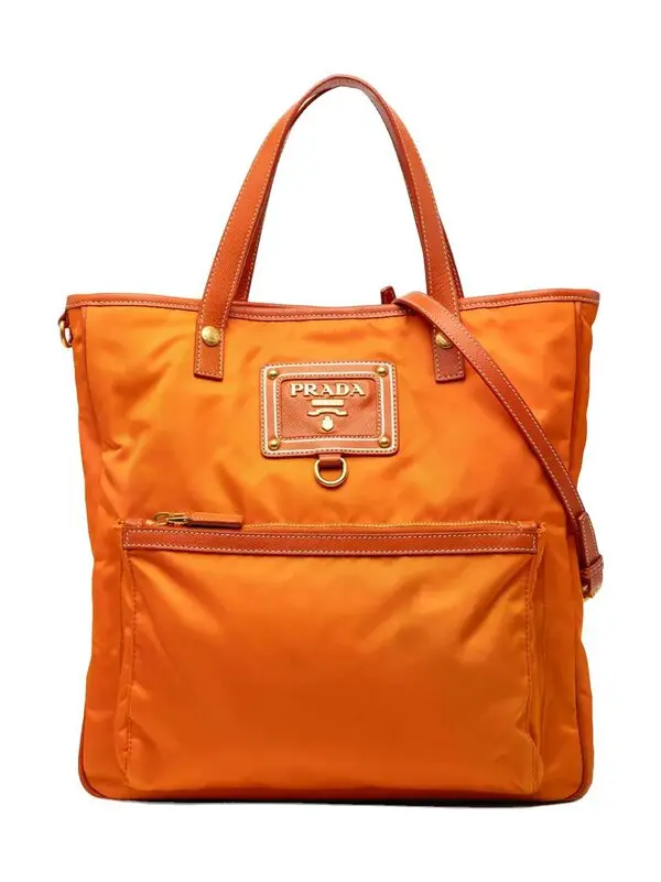 Prada Saffiano Trimmed Tessuto Logo Satchel - Orange