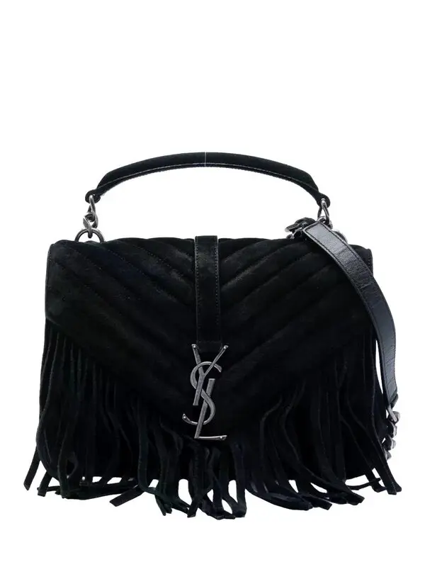 Saint Laurent Medium Chevron Suede Monogram Fringe College Satchel - Black