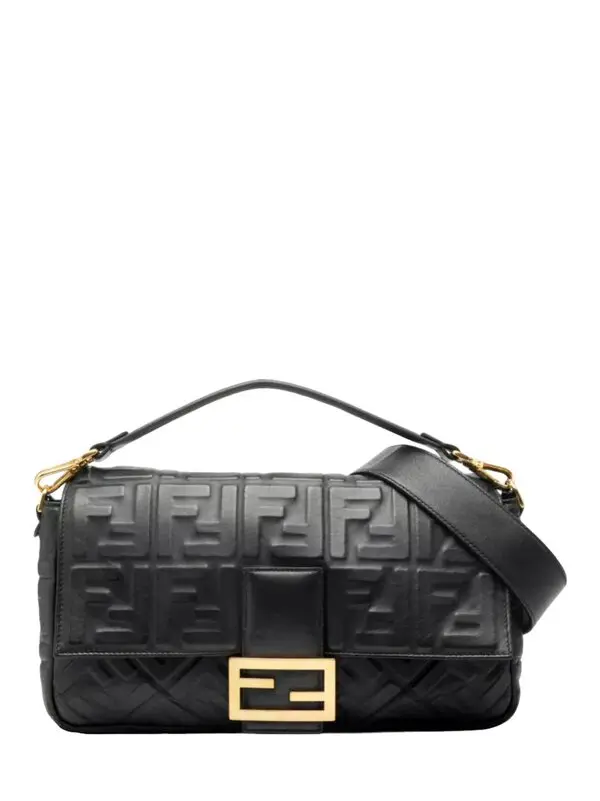 Fendi Zucca Embossed Leather Baguette Satchel - Black