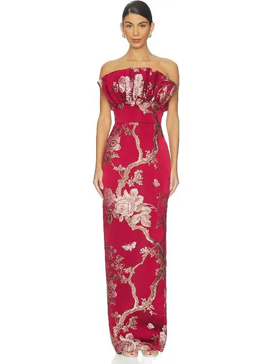 SAU LEE Noah Brocade Gown - Red Sangria