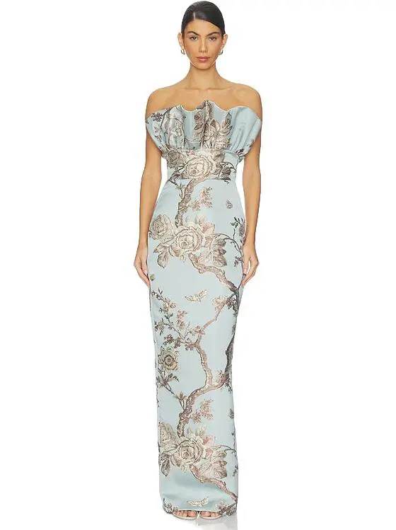 SAU LEE Noah Brocade Gown - Blue Ash
