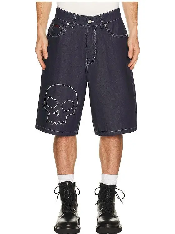 PLEASURES X Zero Skateboards Skull Jorts - Denim