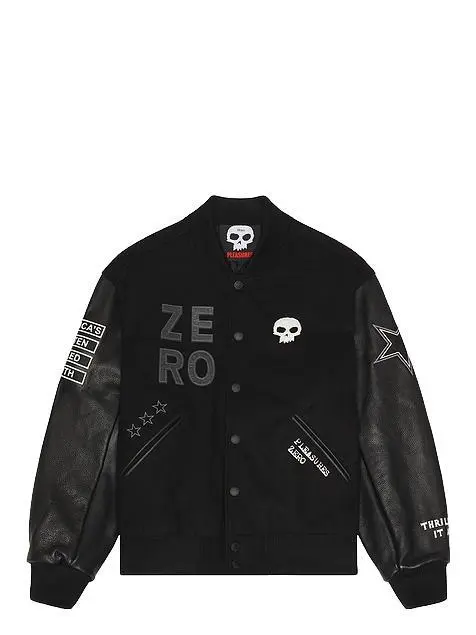 PLEASURES X Zero Skateboards Varsity Jacket - Black