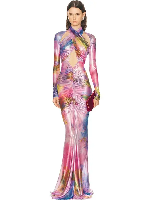 Lapointe Printed Metallic Mesh Halter Gown - Multi