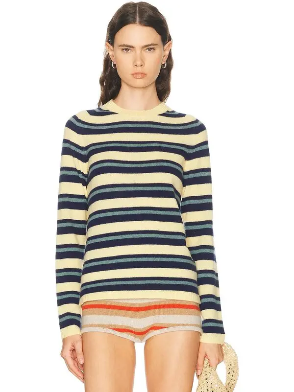 THE ELDER STATESMAN Laurel Stripe Crewneck Sweater - Cypress Stripe