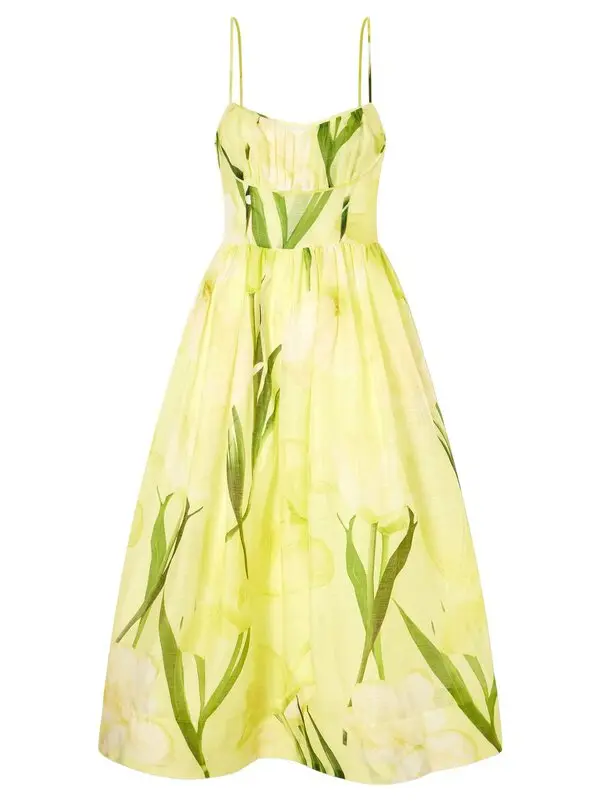 Cara Cara Alba Gathered Floral-print Linen And Silk-blend Organza Midi Dress - Yellow