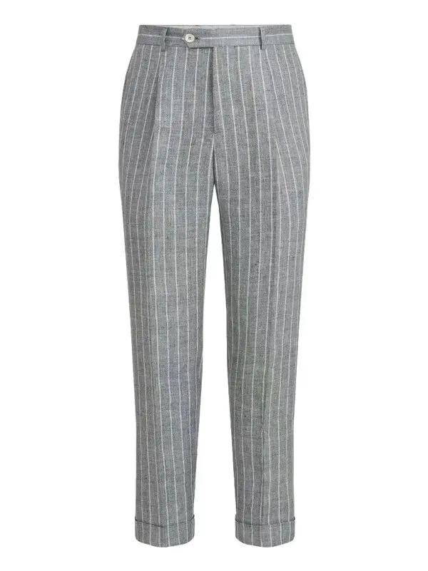 Brunello Cucinelli Chalk Stripe Linen Twill Trousers With Pleat - Grey