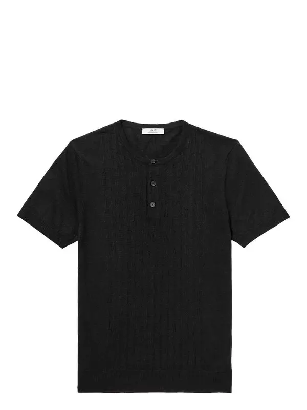 Mr P. Pointelle-knit Linen And Cotton-blend Henley T-shirt - Black