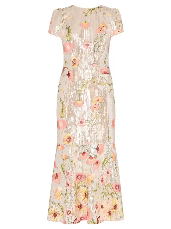 MILLY Tahlia Floral Sequins Embroidery Midi Dress - Silver