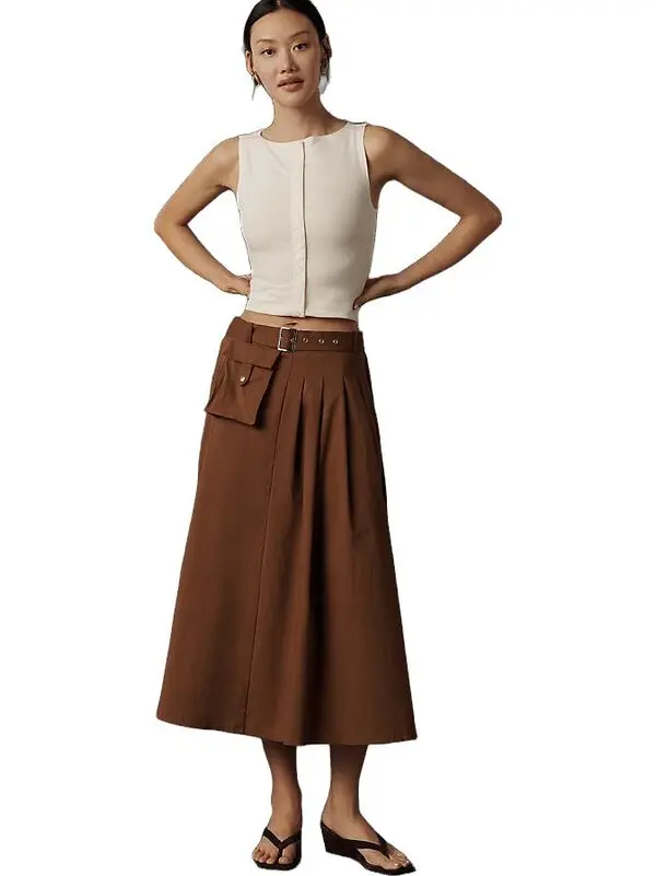 Maeve Pleated Cargo Midi Skirt - Taupe