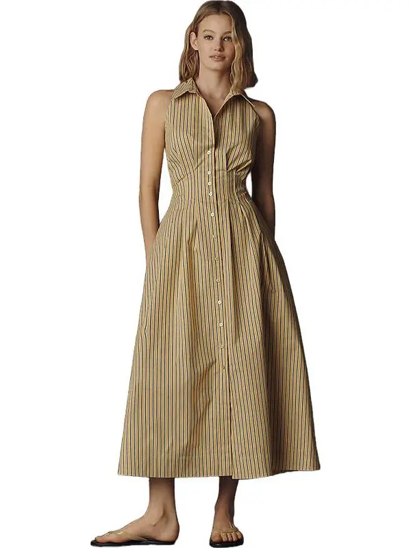 EXQUISE Tobie Sleeveless Shirt Dress - Yellow Stripe