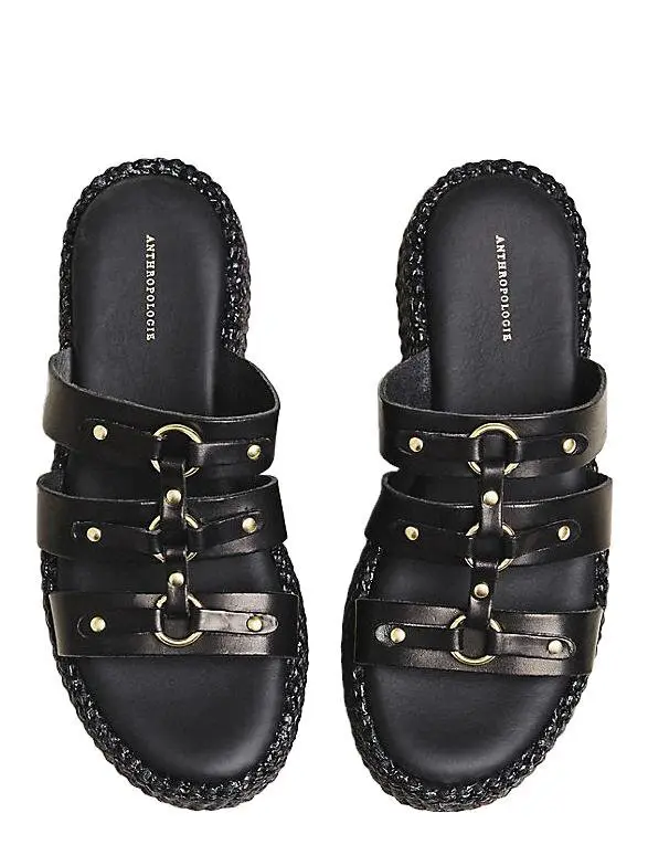 Anthropologie Studded Multi-strap Slide Sandals - Black Raffia