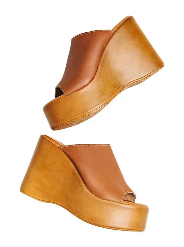 Anthropologie Wooden Platform Wedge Sandals - Tan Leather