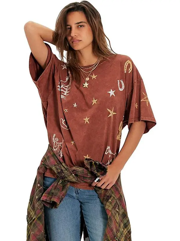 Daydreamer Country Doodles Oversized Tee - Red Brown Acid Wash