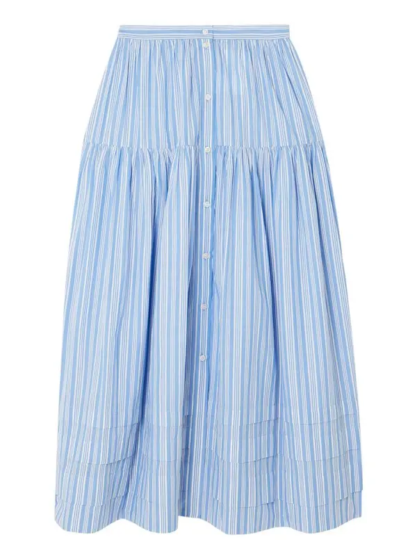 DÔEN Marceline Tiered Striped Organic Cotton Midi Skirt - Blue