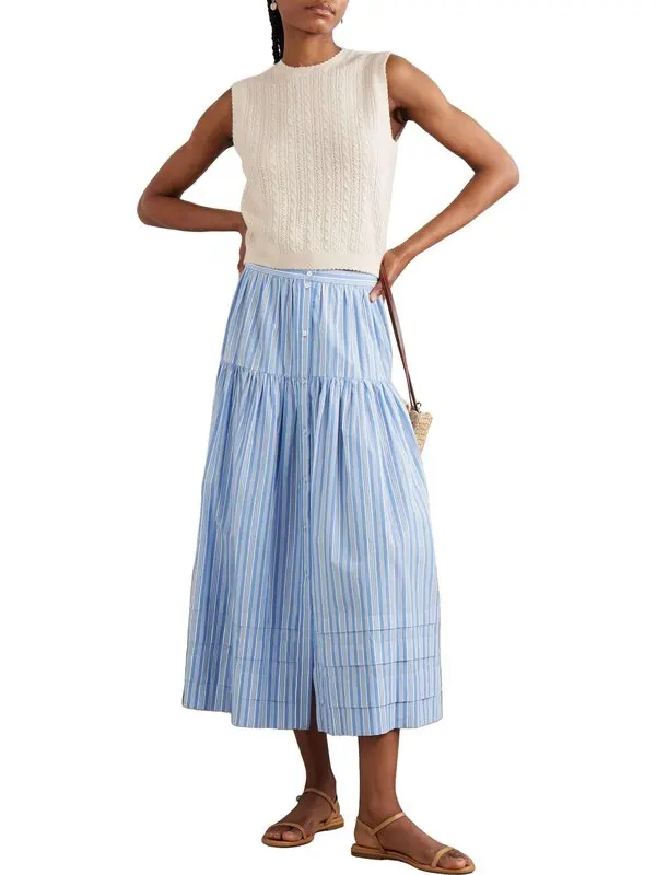 DÔEN Marceline Tiered Striped Organic Cotton Midi Skirt - Multi