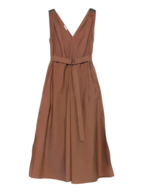 Brunello Cucinelli Beaded V-neck Belted Dress - Brown