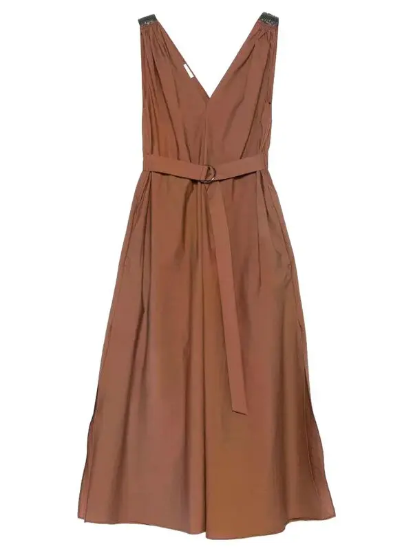 Brunello Cucinelli Beaded V-neck Belted Dress - Brown